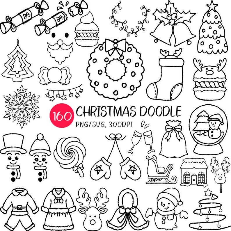 160 Christmas Doodle SVG PNG Clipart Coloring Page Tree Bell - Etsy