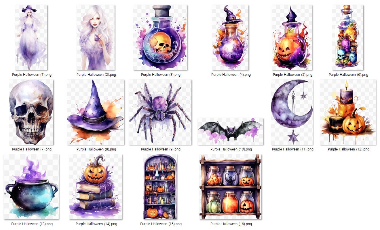 Watercolor Purple Halloween | Ghost Moon Spider Pumpkin Candle Potion ...
