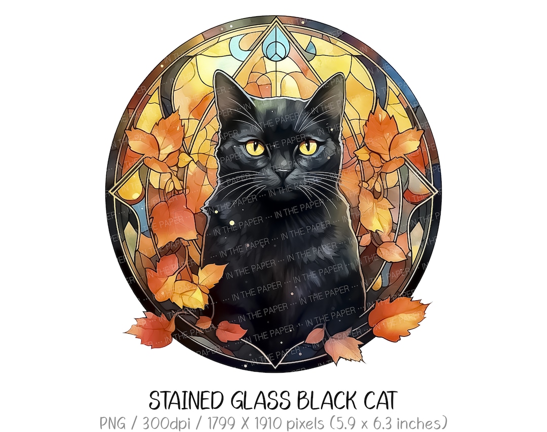Stained Glass Black Cat PNG Halloween Glass Art Mosaic - Etsy