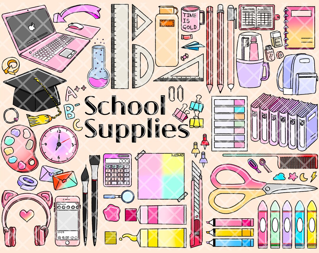 School Supplies PNG SVG, Laptop, Notebook, School Cap, Clock, Headset ...