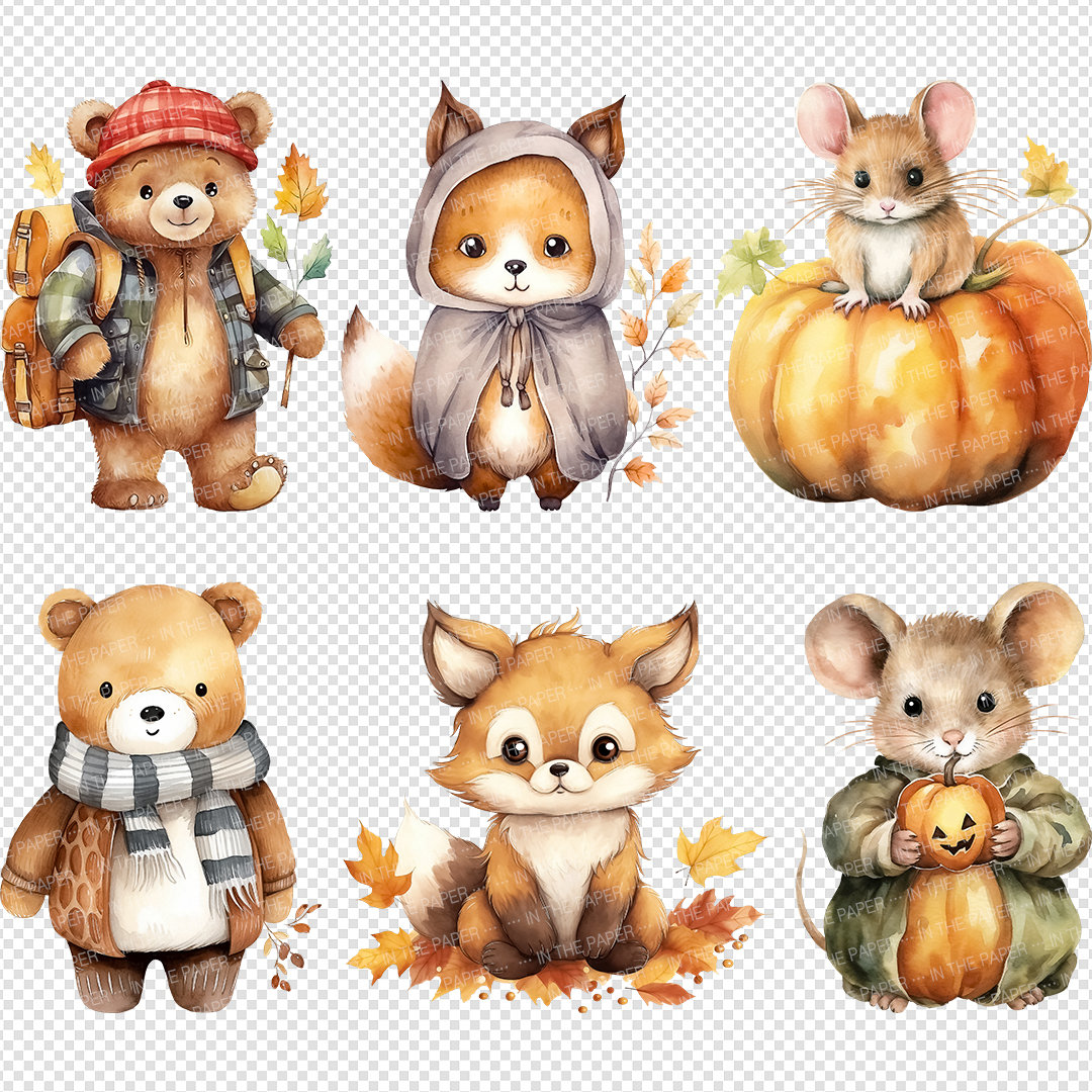 Cute Autumn Animals PNG Watercolor Clip Art, Fall Leave, Flowers, Cozy ...