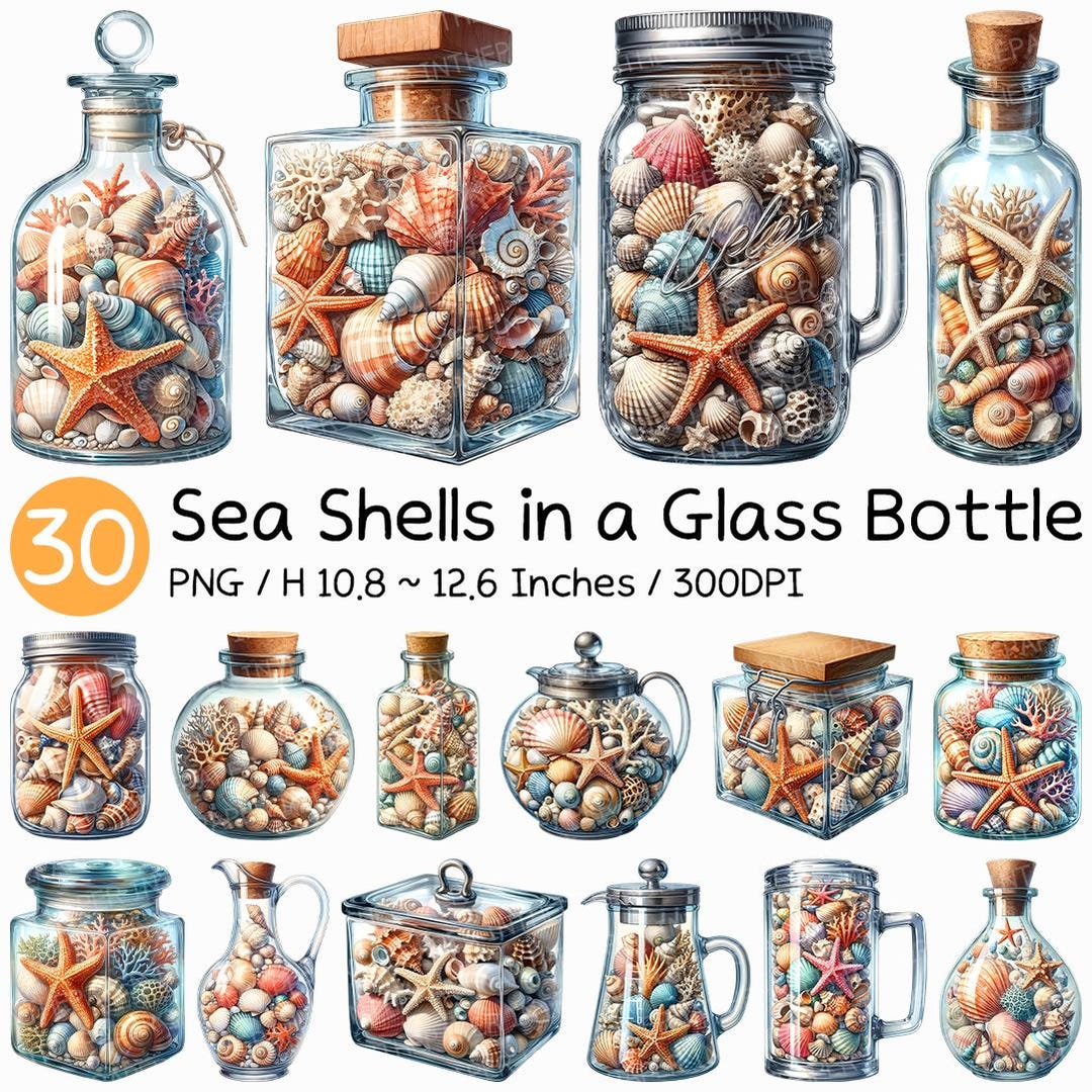 Watercolor Sea Shells in a Glass Bottle | Summer Ocean Clipart Nautical ...