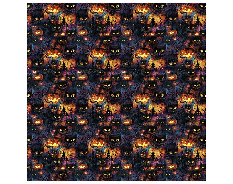 Seamless Dark Halloween Cat Digital Paper / Pumpkin, Black Cat ...