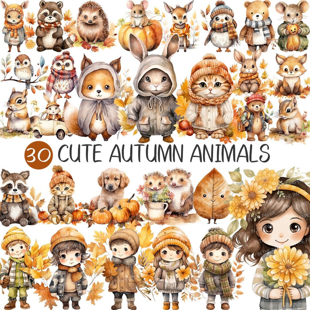Cute Autumn Animals PNG Watercolor Clipart Fall Leave Flower Cozy Fall ...