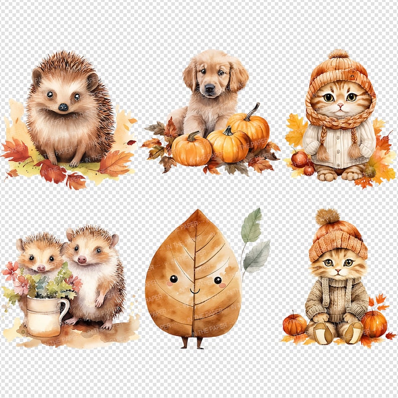 Cute Autumn Animals PNG Watercolor Clip Art, Fall Leave, Flowers, Cozy ...