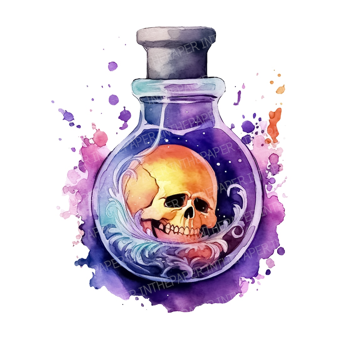 Watercolor Skull Potion Glass Bottle PNG Magic Vial - Etsy