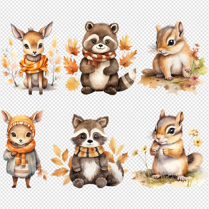 Cute Autumn Animals PNG Watercolor Clip Art, Fall Leave, Flowers, Cozy ...