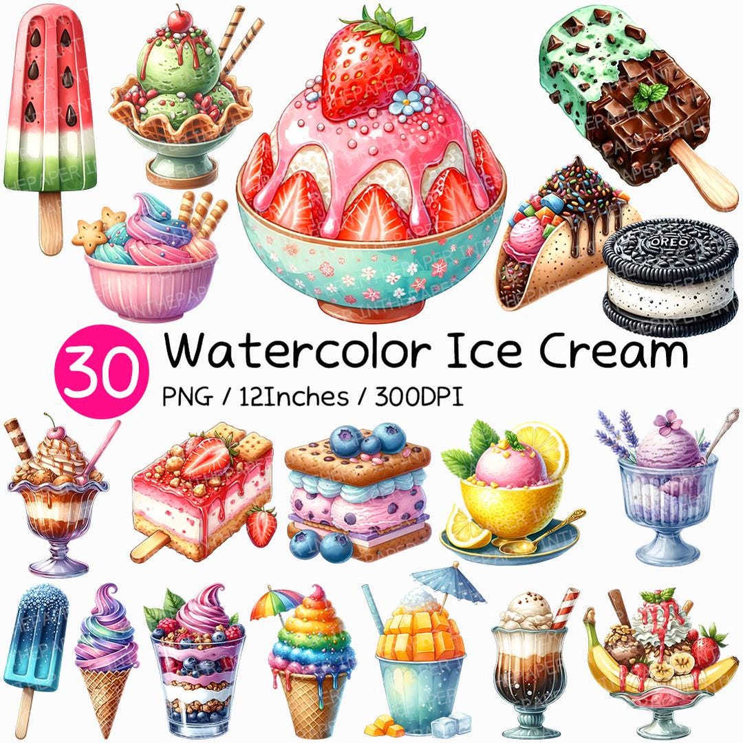 Watercolor Ice Cream | Clipart Soft Serve Popsicle Slush Sundae Yogurt ...