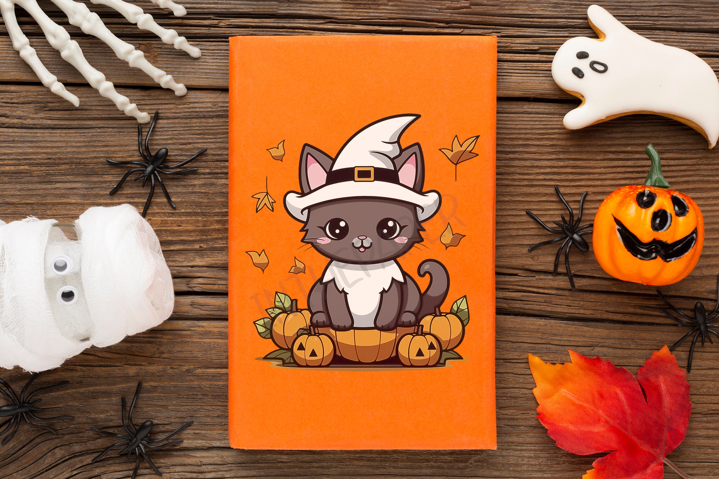 Halloween Black Cat in Hat PNG Pumpkin Fallen Leaves Clip - Etsy