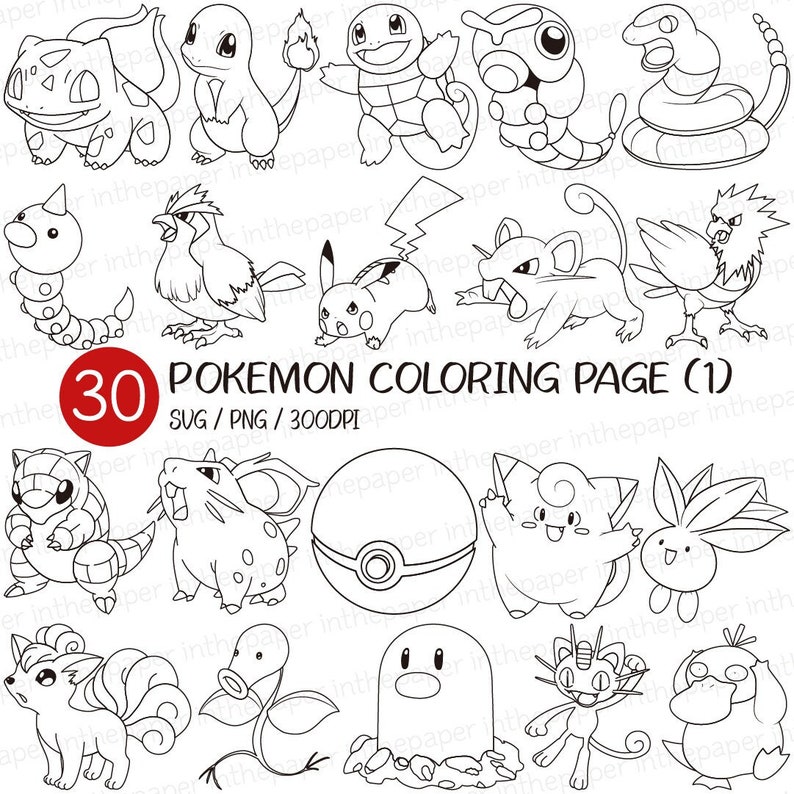 Pokemon Coloring Papers for Kids PNG SVG Blackline Animal Outline ...