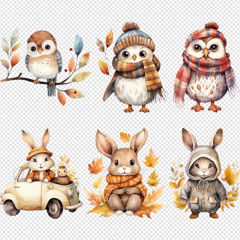 Cute Autumn Animals PNG Watercolor Clipart Fall Leave Flower Cozy Fall ...