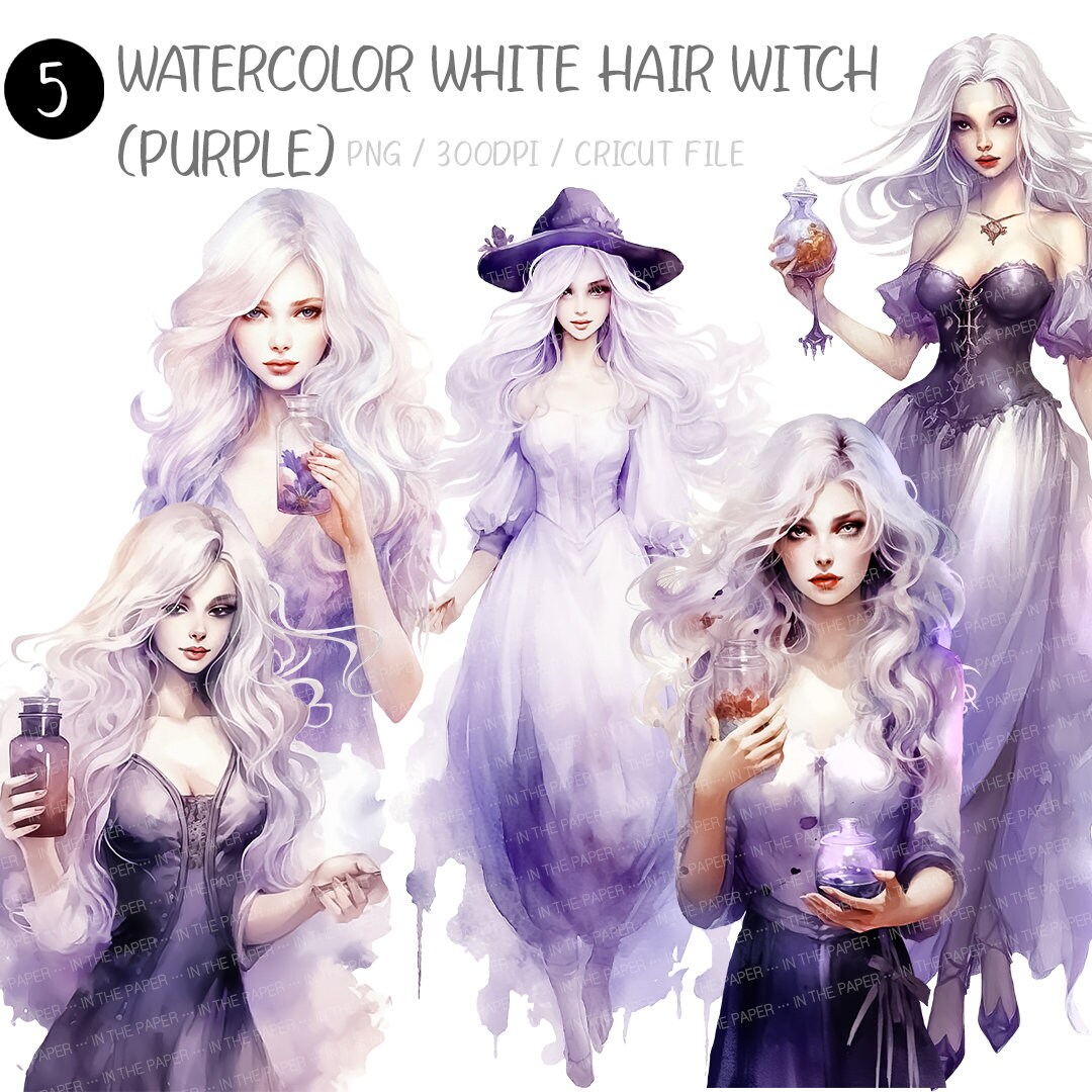 Watercolor Halloween Witch PNG purple White Hair, Blond Hair, Clip Art ...