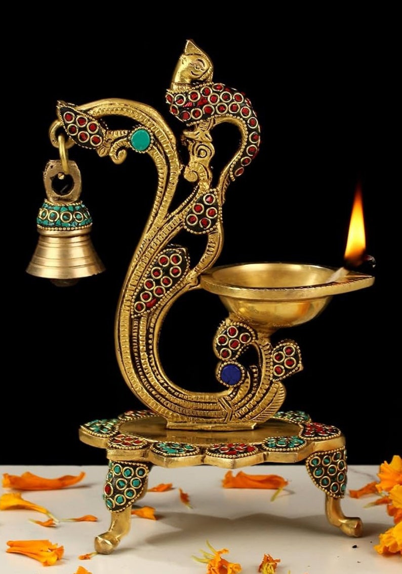 Brass Diya With Mosaic Stonework 20 Cm Parrot Design Oil Lamp Stand ...