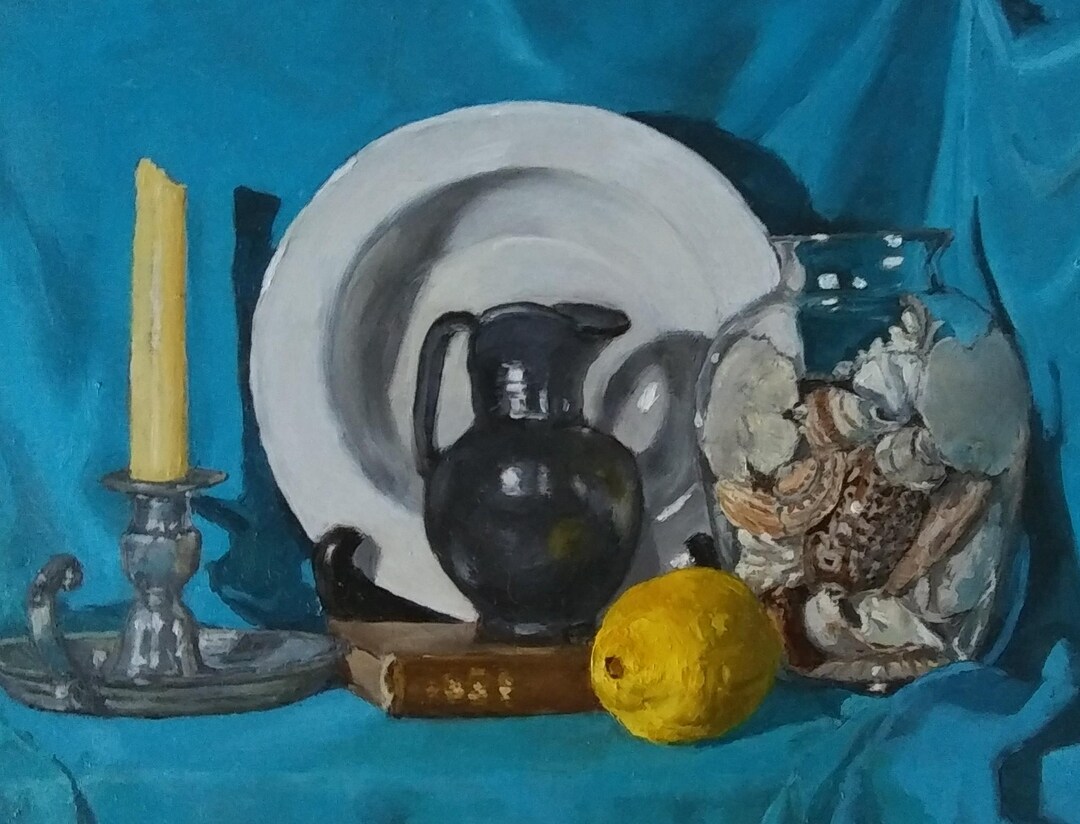 Still Life, "black Pitcher Against White Dish on Blue Scarf," 9X12 ...