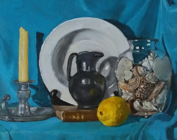 Still Life, "black Pitcher Against White Dish on Blue Scarf," 9X12 ...