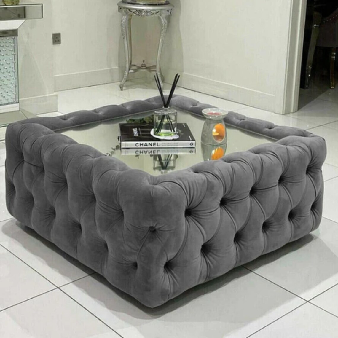 Square Chesterfield Top Coffee Table, Poufs - Etsy