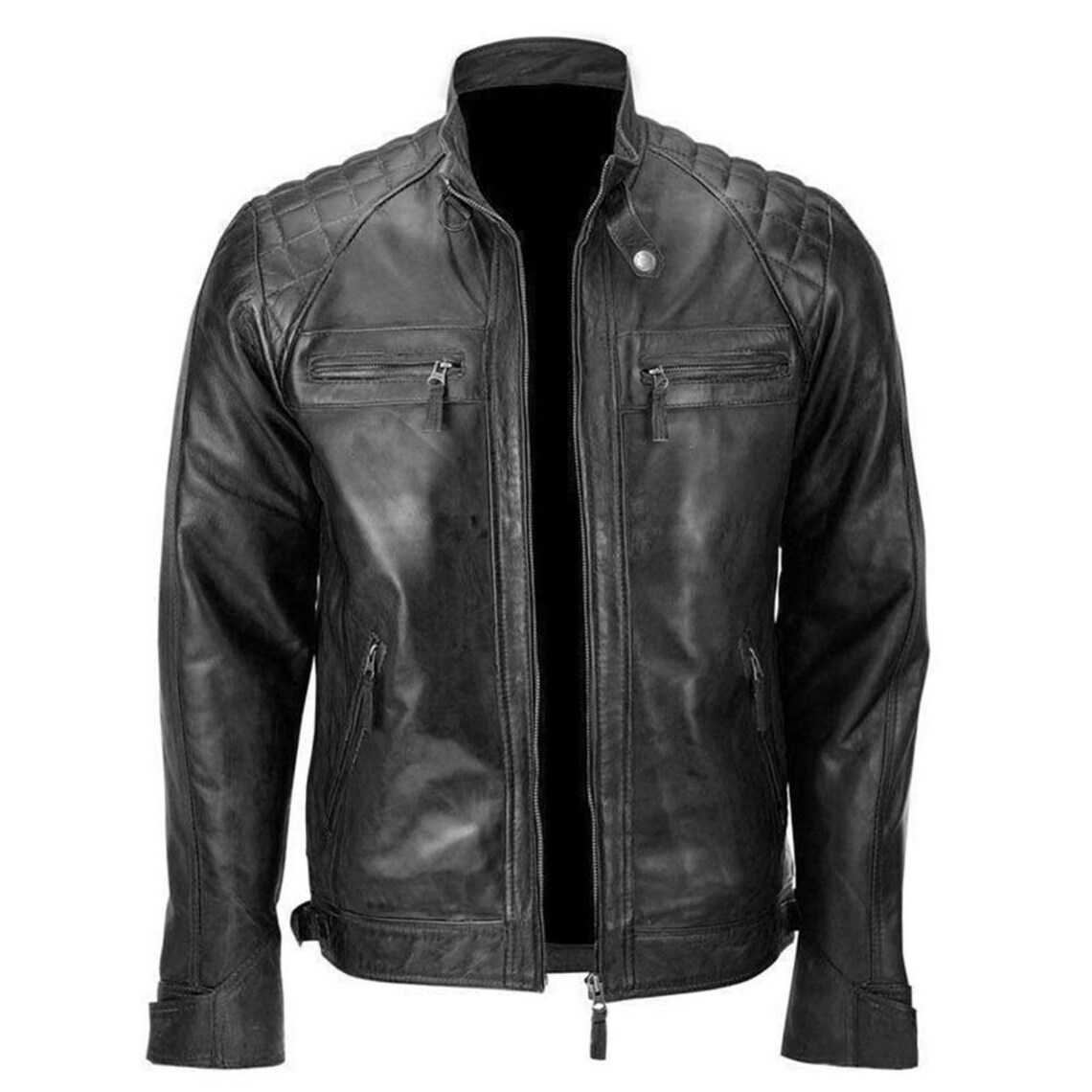 Handmade Men's Black Quilted Skull Vintage Distress Leather Jacket Rub ...