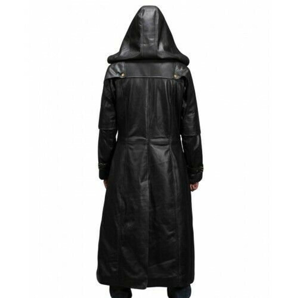 Handmade Steampunk Gothic Duster Black Leather Long Trench Coat Hoodie ...