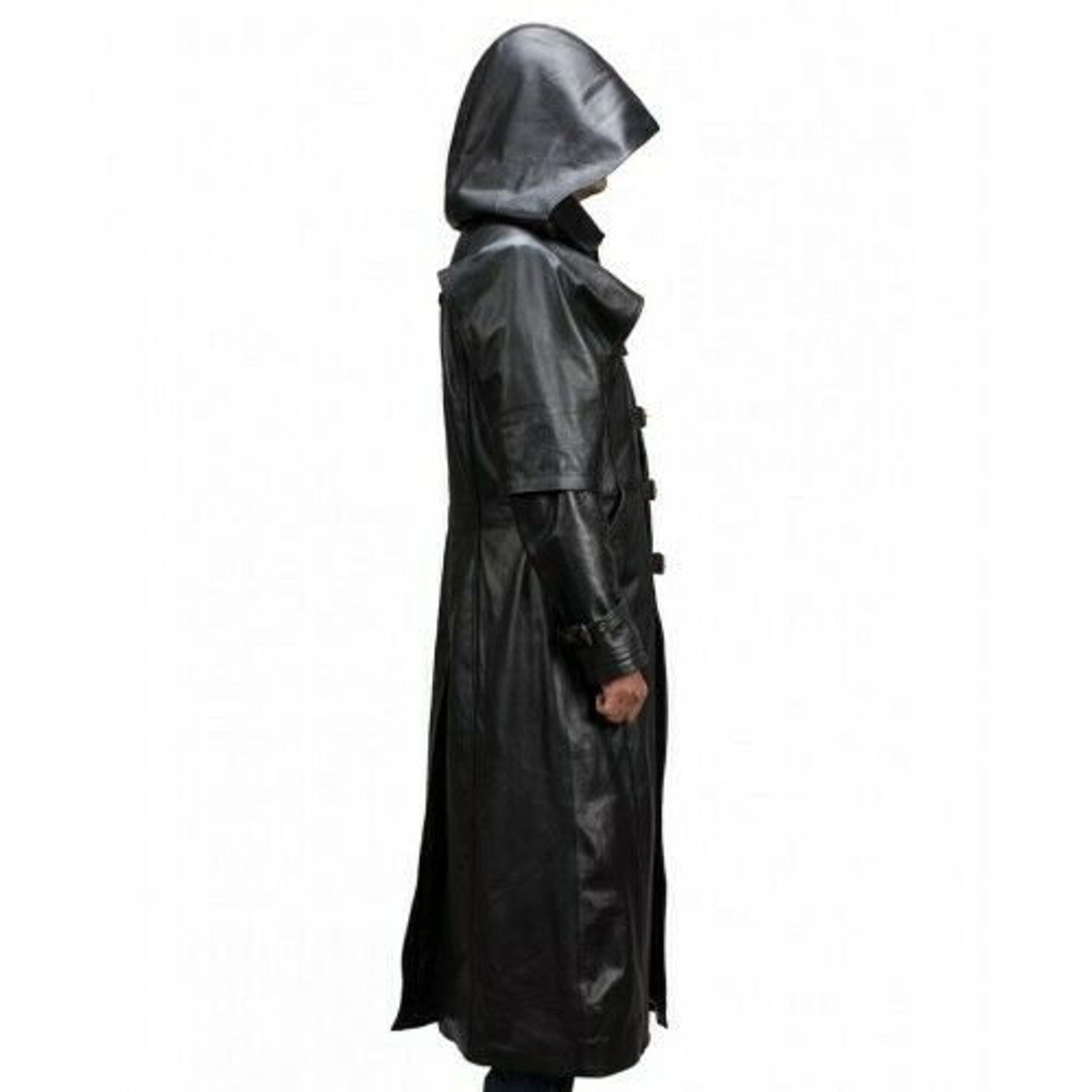 Handmade Steampunk Gothic Duster Black Leather Long Trench Coat Hoodie ...