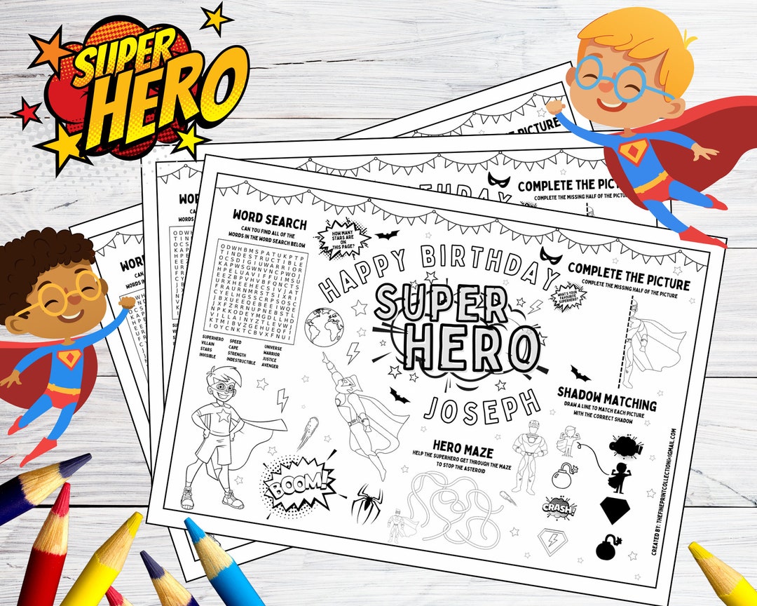 Children’s Birthday Superhero Placemat / Activity Sheet - Custom ...