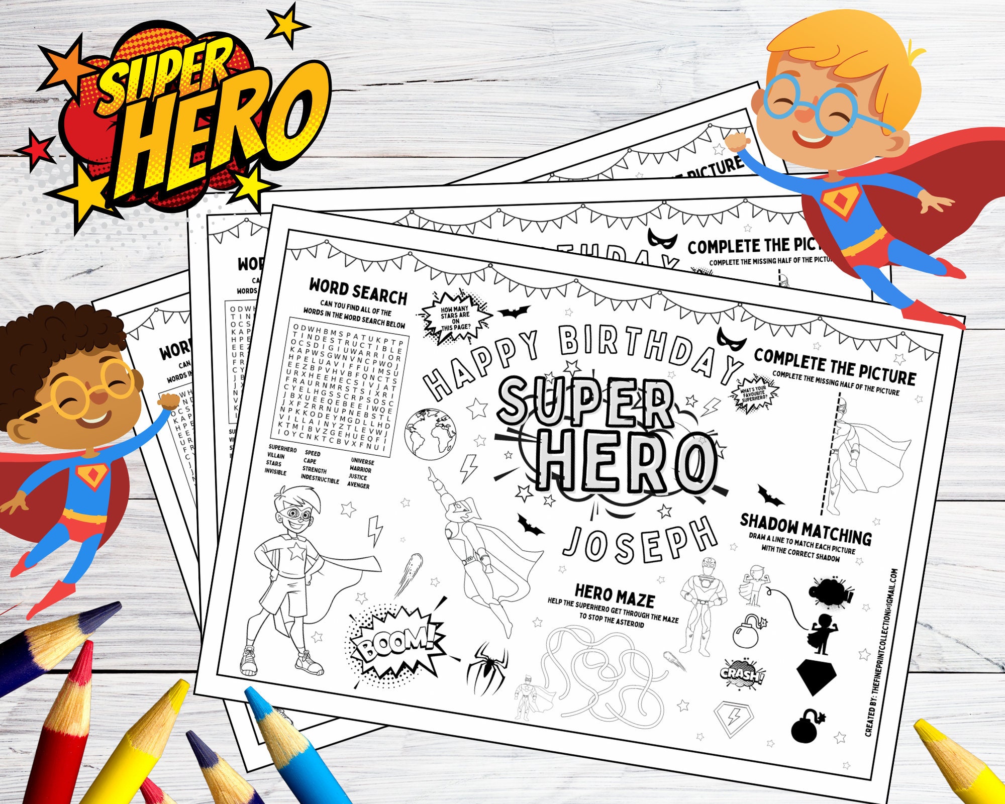 Children’s Birthday Superhero Placemat / Activity Sheet - Custom ...