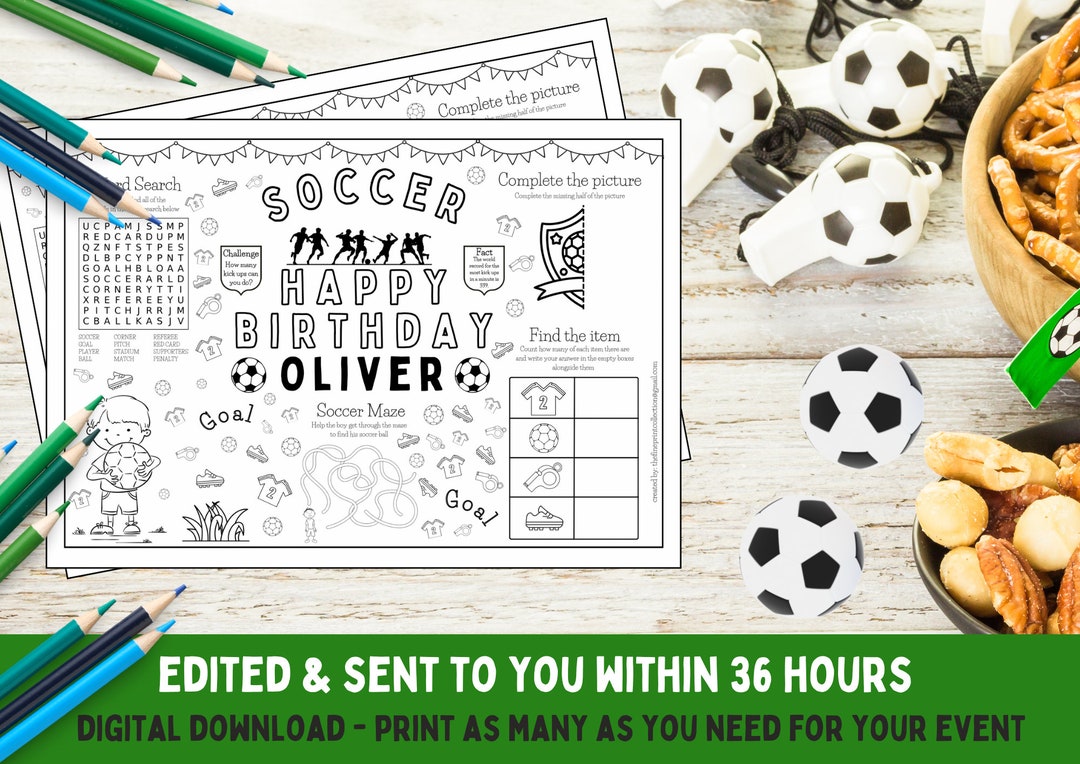 Children’s Birthday Soccer Placemat / Activity Sheet - Custom ...