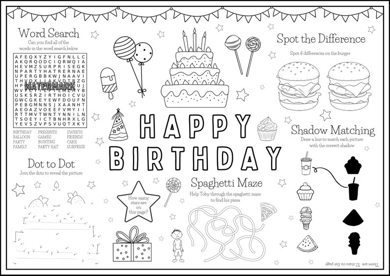 Children’s Birthday Activity Sheet / Placemat - Pdf - Digital Download ...