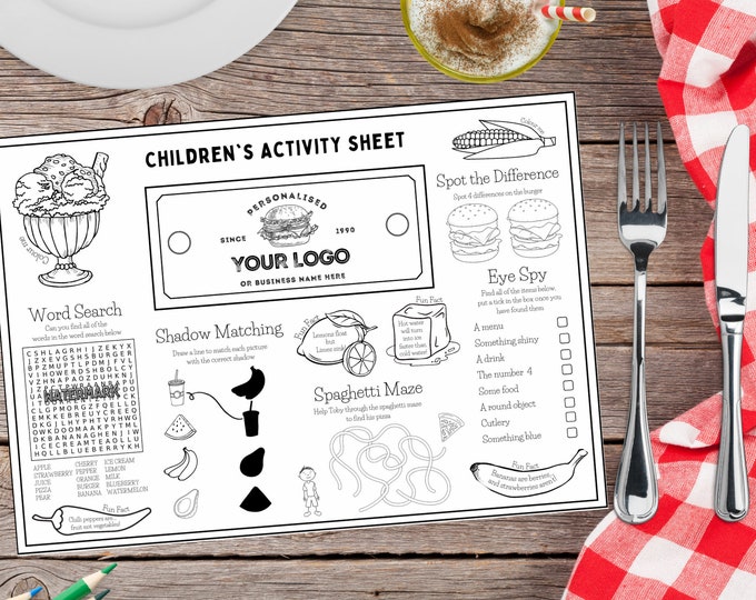 Children’s Activity Mat - Fully Personalised - Restaurant/ Hotel/ Cafe ...