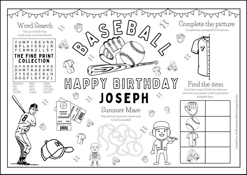 Children’s Birthday Baseball Placemat / Activity Sheet - Custom ...
