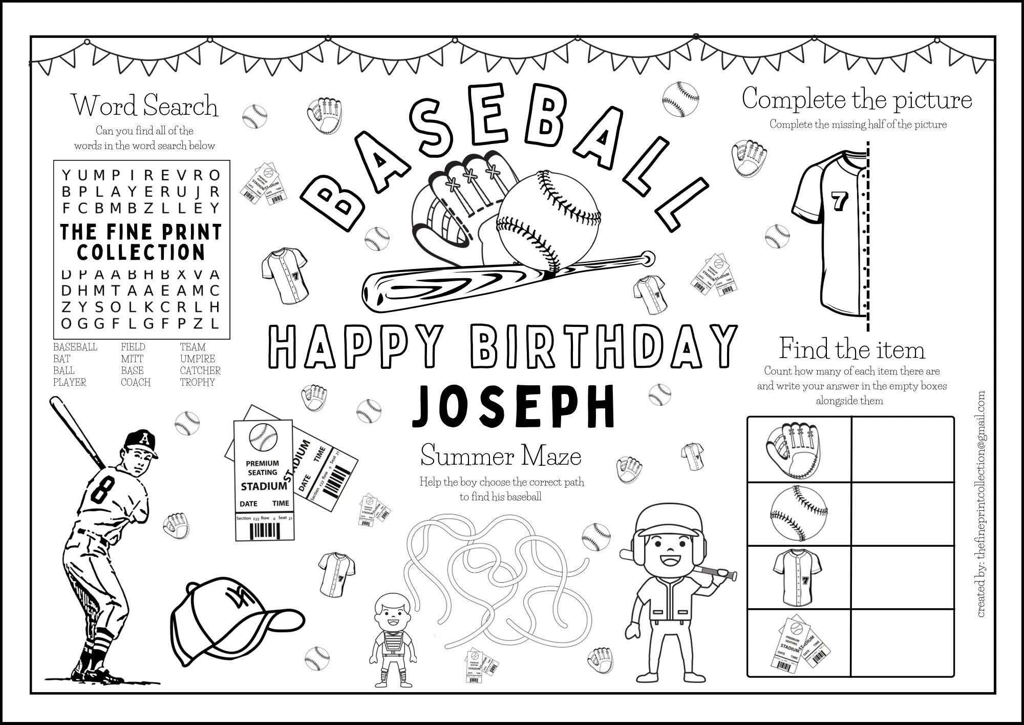 Children’s Birthday Baseball Placemat / Activity Sheet - Custom ...