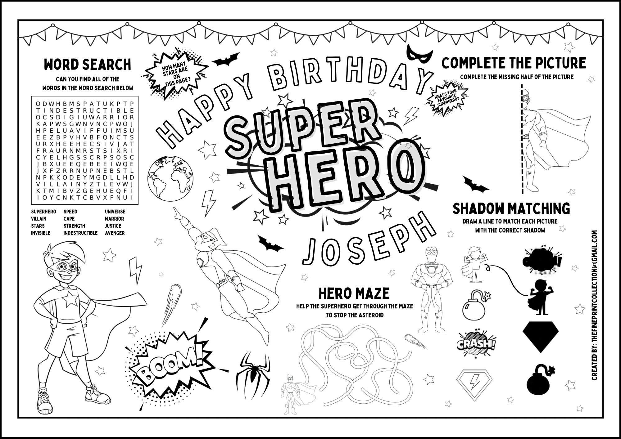 Children’s Birthday Superhero Placemat / Activity Sheet - Custom ...