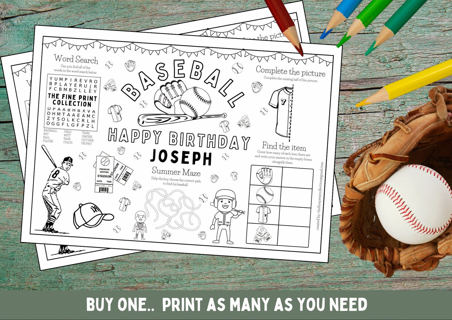 Children’s Birthday Baseball Placemat / Activity Sheet - Custom ...
