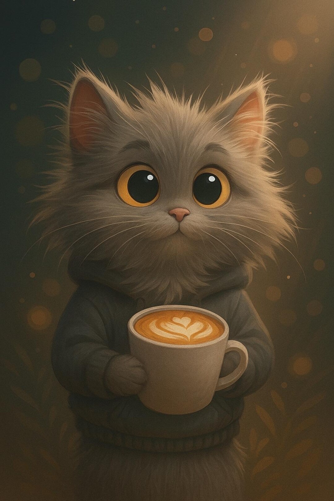 Cute Fluffy Cat With Cofee, Cozy Digital Art Printing, Funny Animal Art ...