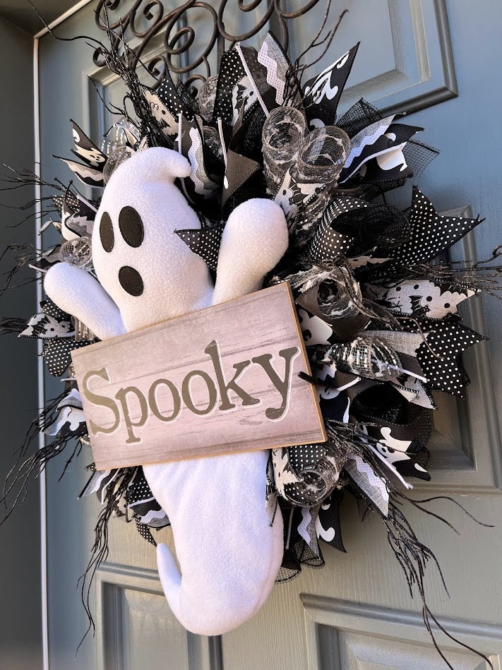 Spooky Halloween Ghost Deco Mesh Ribbon Door Hanger Wreath - Etsy