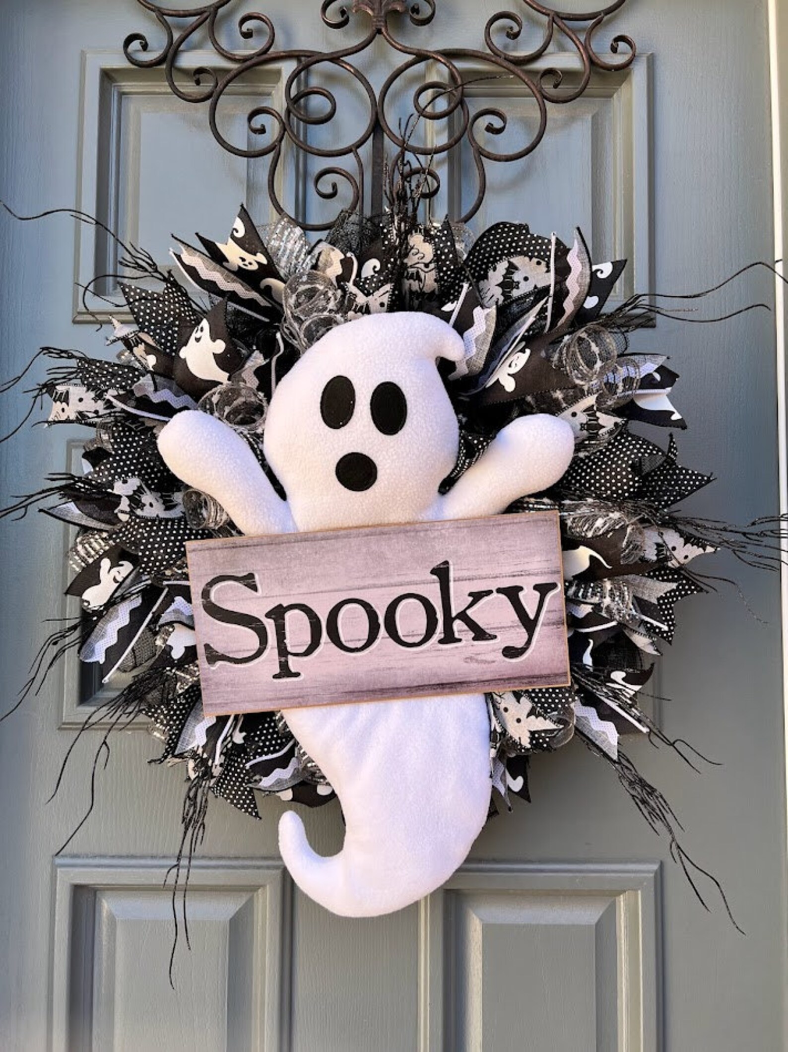Spooky Halloween Ghost Deco Mesh Ribbon Door Hanger Wreath - Etsy
