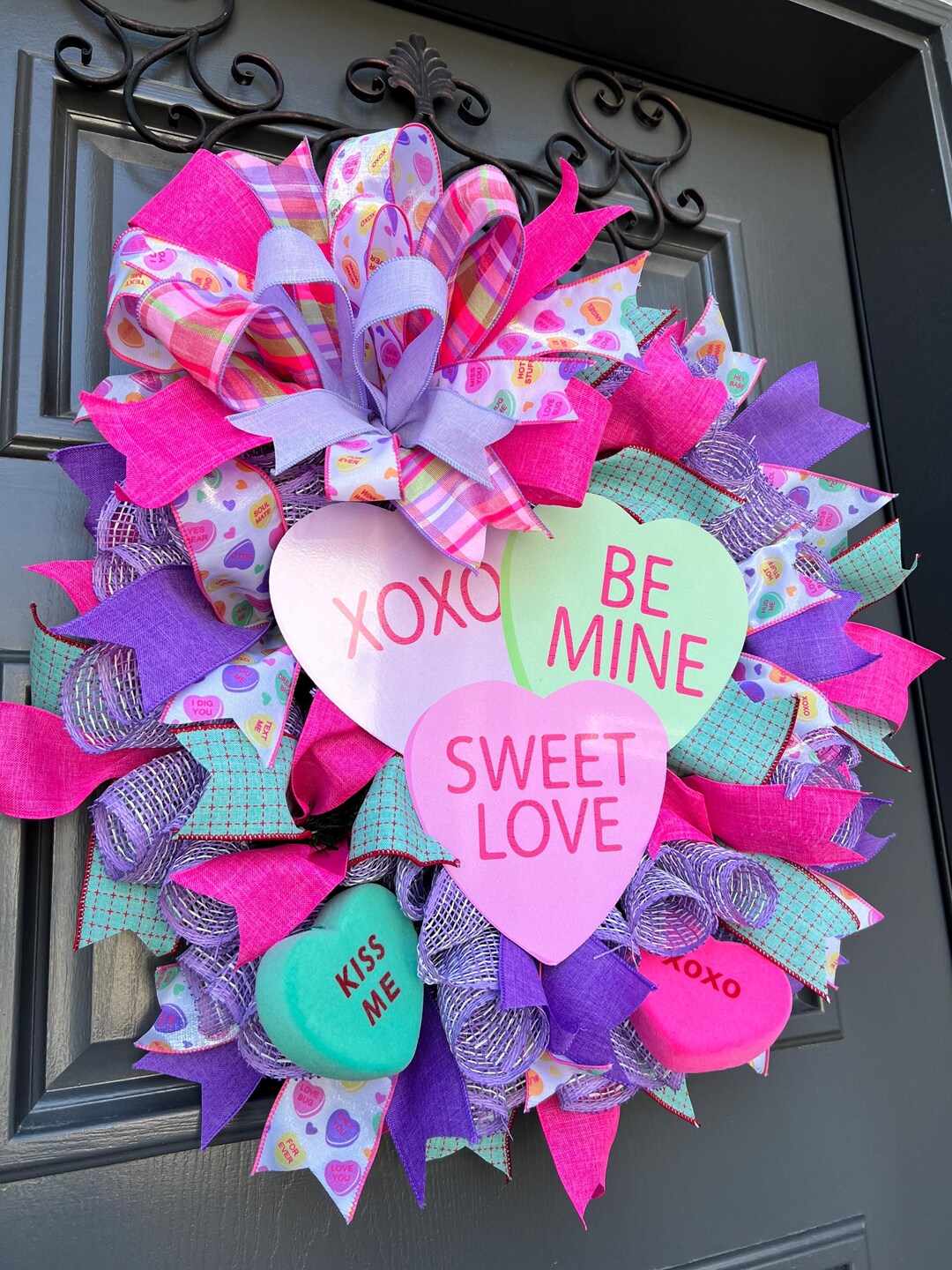 Valentines Day Candy Conversation Hearts Deco Mesh Ribbon Door Hanger ...