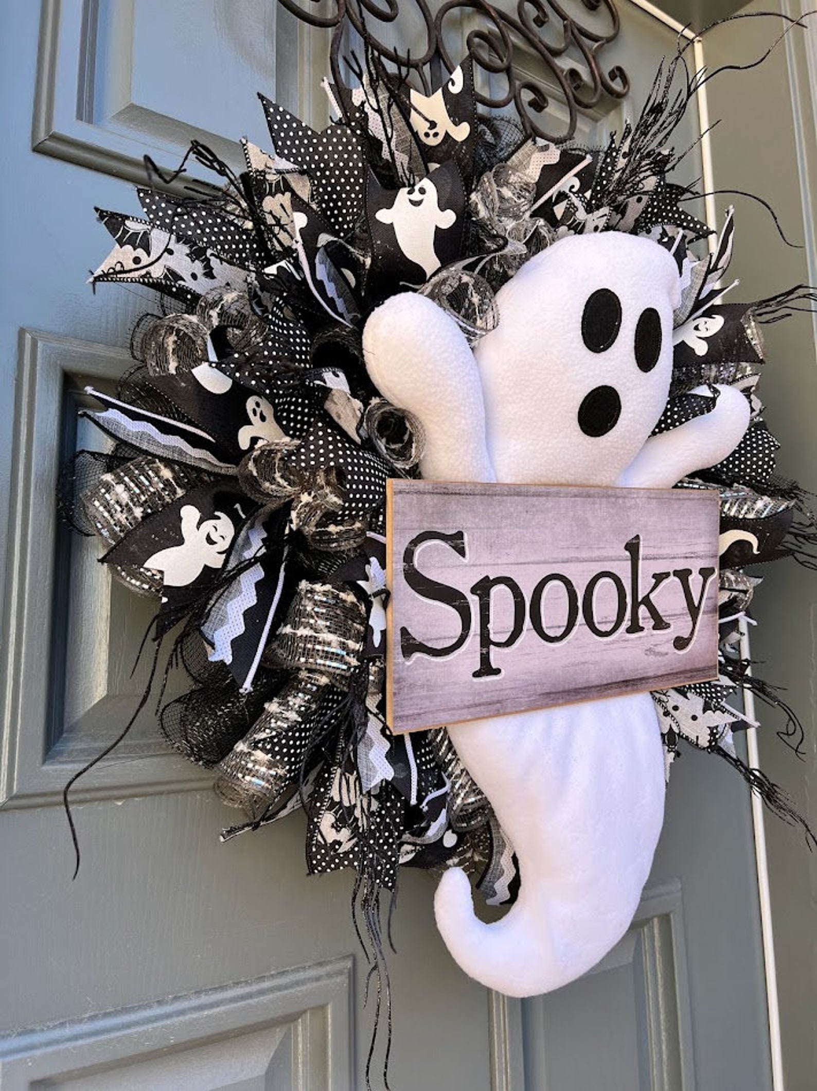 Spooky Halloween Ghost Deco Mesh Ribbon Door Hanger Wreath - Etsy