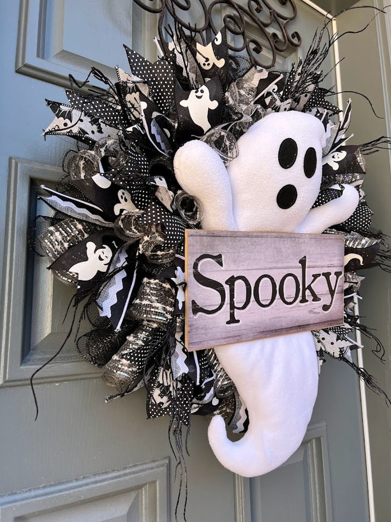 Spooky Halloween Ghost Deco Mesh Ribbon Door Hanger Wreath - Etsy
