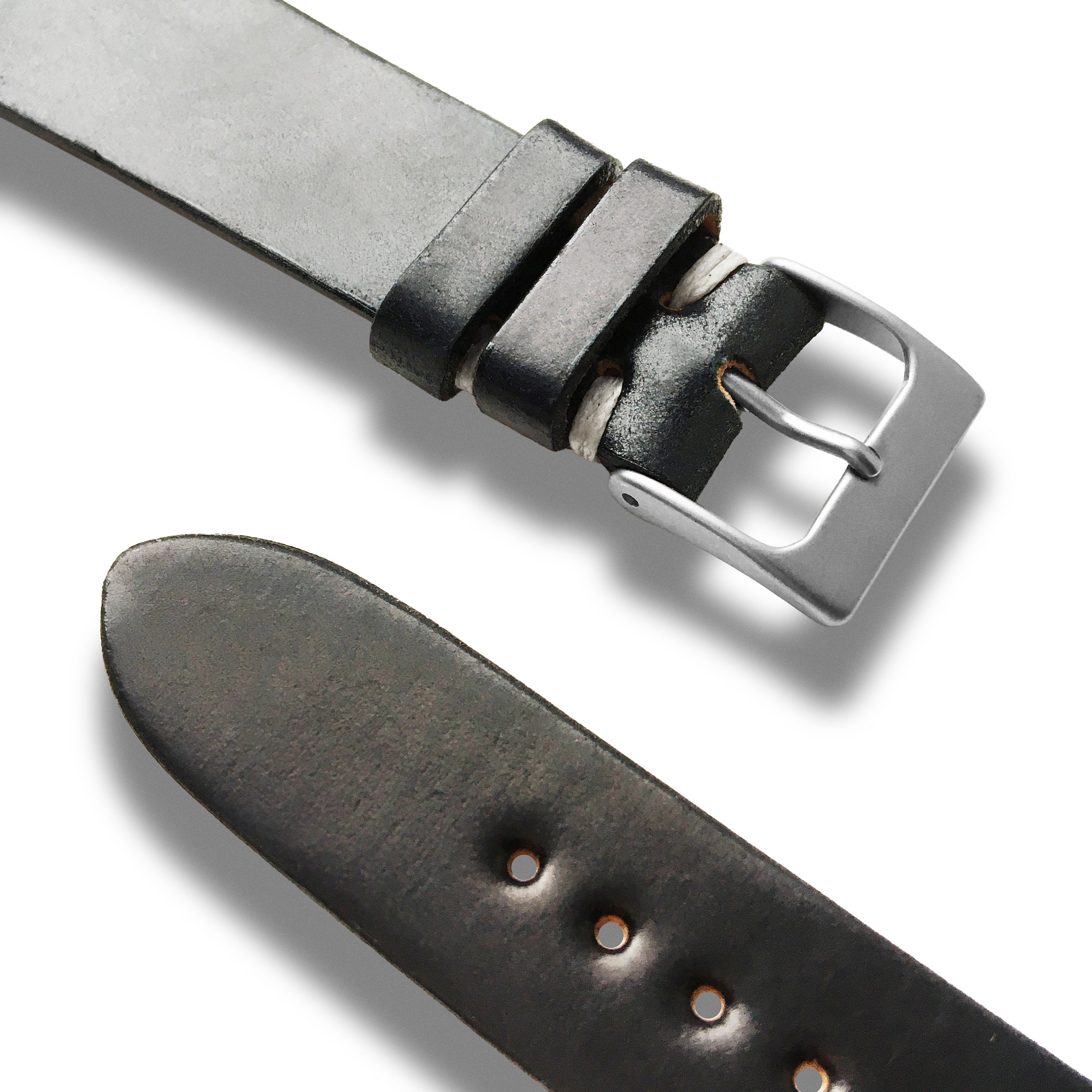 Black Horween Shell Cordovan Leather Watch Band Strap - Vintage 2 Side ...