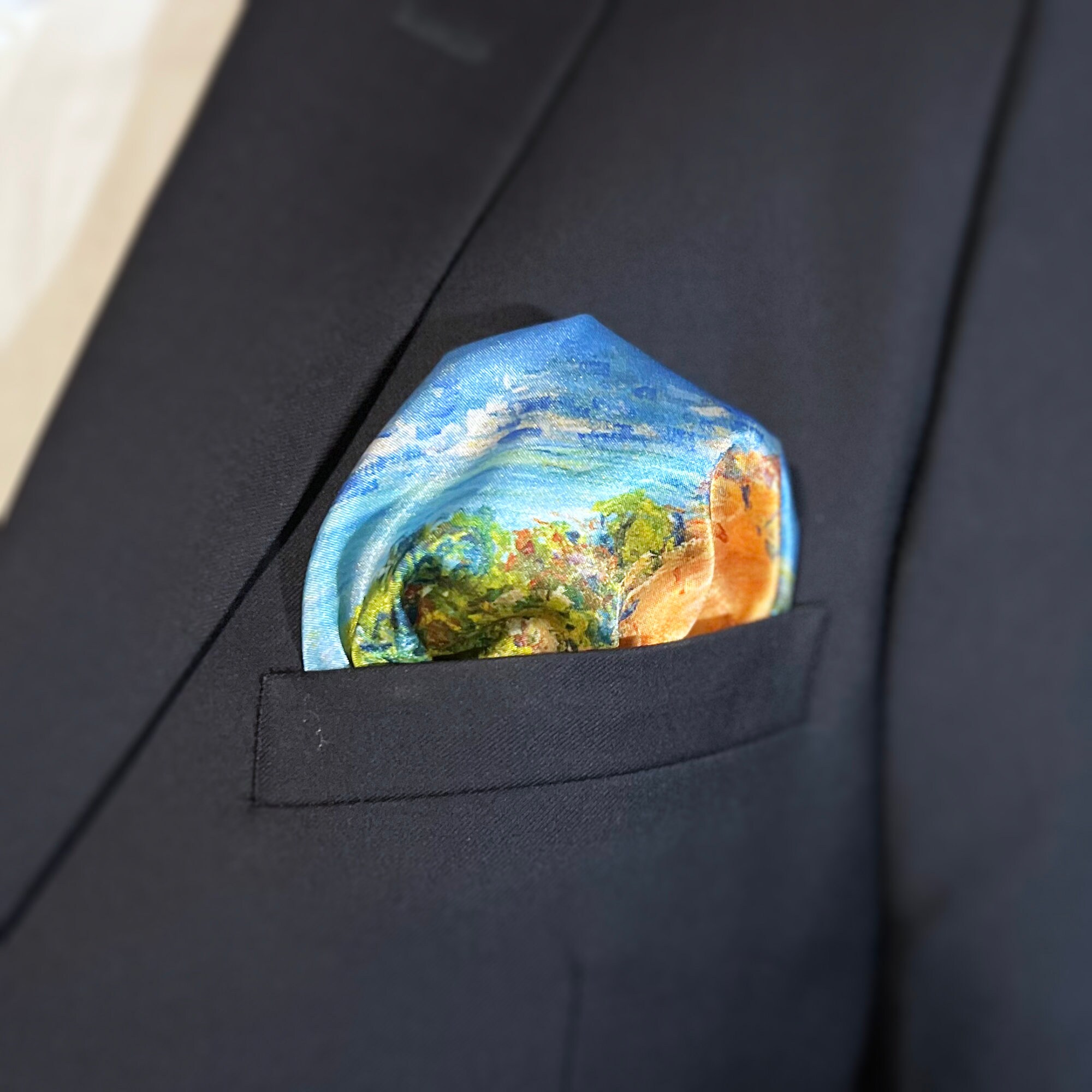 Multicolour Silk Satin Pocket Square Featuring a 19th Century Painting ...