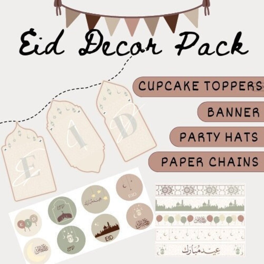 Eid Decor Pack Digital - Eid Printable Banner - Eid Cupcake Toppers ...