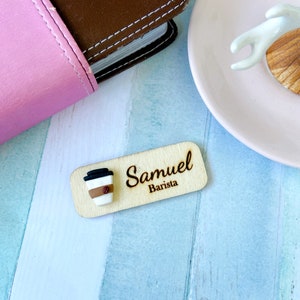 Personalized 3D Cafe Wooden Name Tag Badge With Magnetic Backing or Pin ...