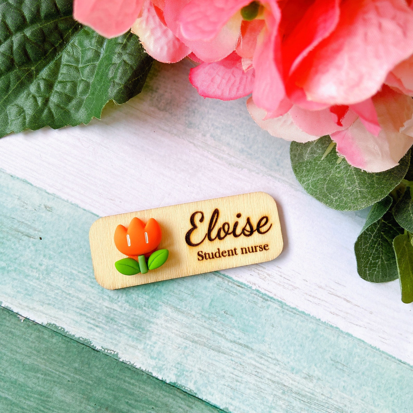 Personalized 3D Floral Wooden Name Tag Badge With Magnetic Backing or ...
