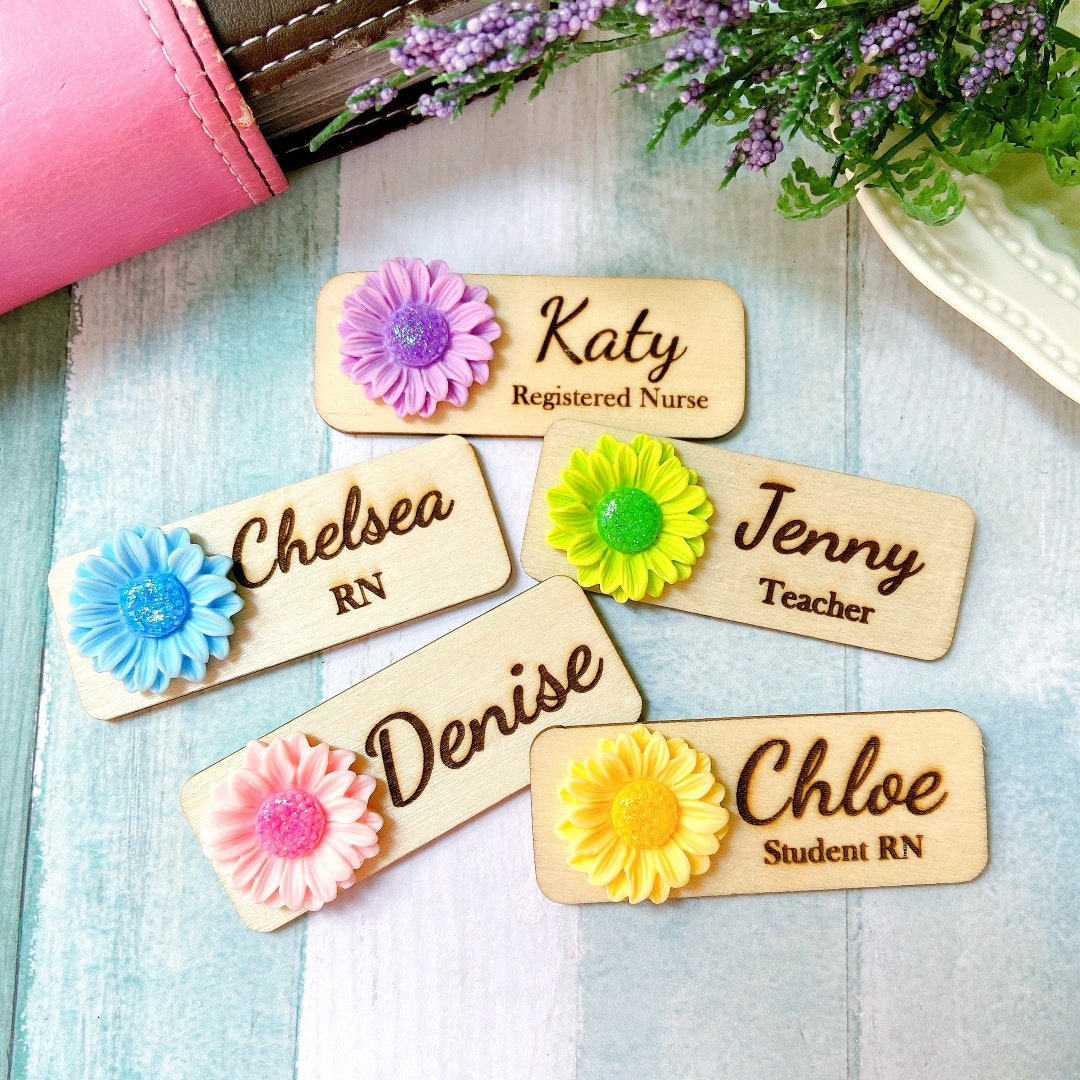 Personalized 3D Glitter Chrysanthemum Wooden Name Tag Badge With ...