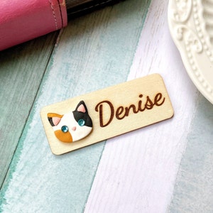 Handmade 3D Cat Head Personalized Wooden Name Tag Badge With Magnetic ...