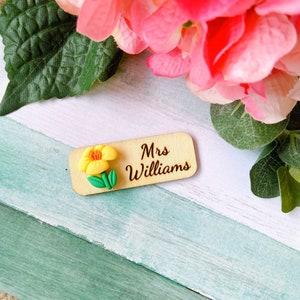 Personalized 3D Floral Wooden Name Tag Badge With Magnetic Backing or ...