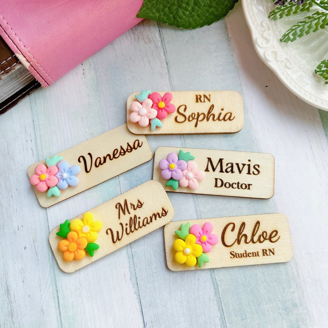 Personalized 3D Flower Bouquet Wooden Name Tag Badge With Magnetic ...