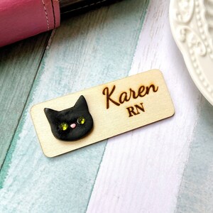 Personalized Cat Name Tag, Custom Wooden Badge With Clay Cat, Teacher ...
