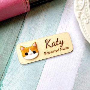 Handmade 3D Cat Head Personalized Wooden Name Tag Badge With Magnetic ...