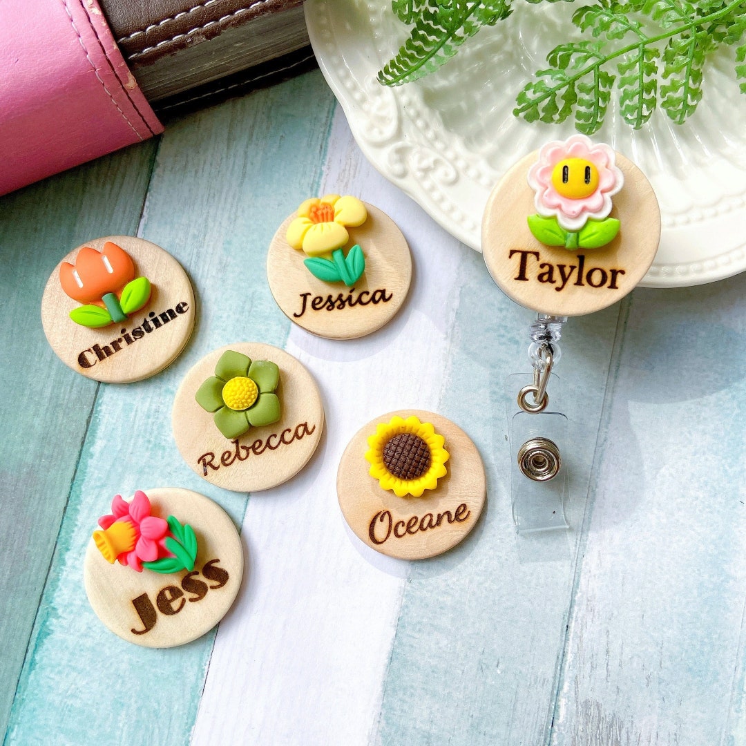 Personalized Flower Badge Reel, Custom Name Retractable ID Holder ...